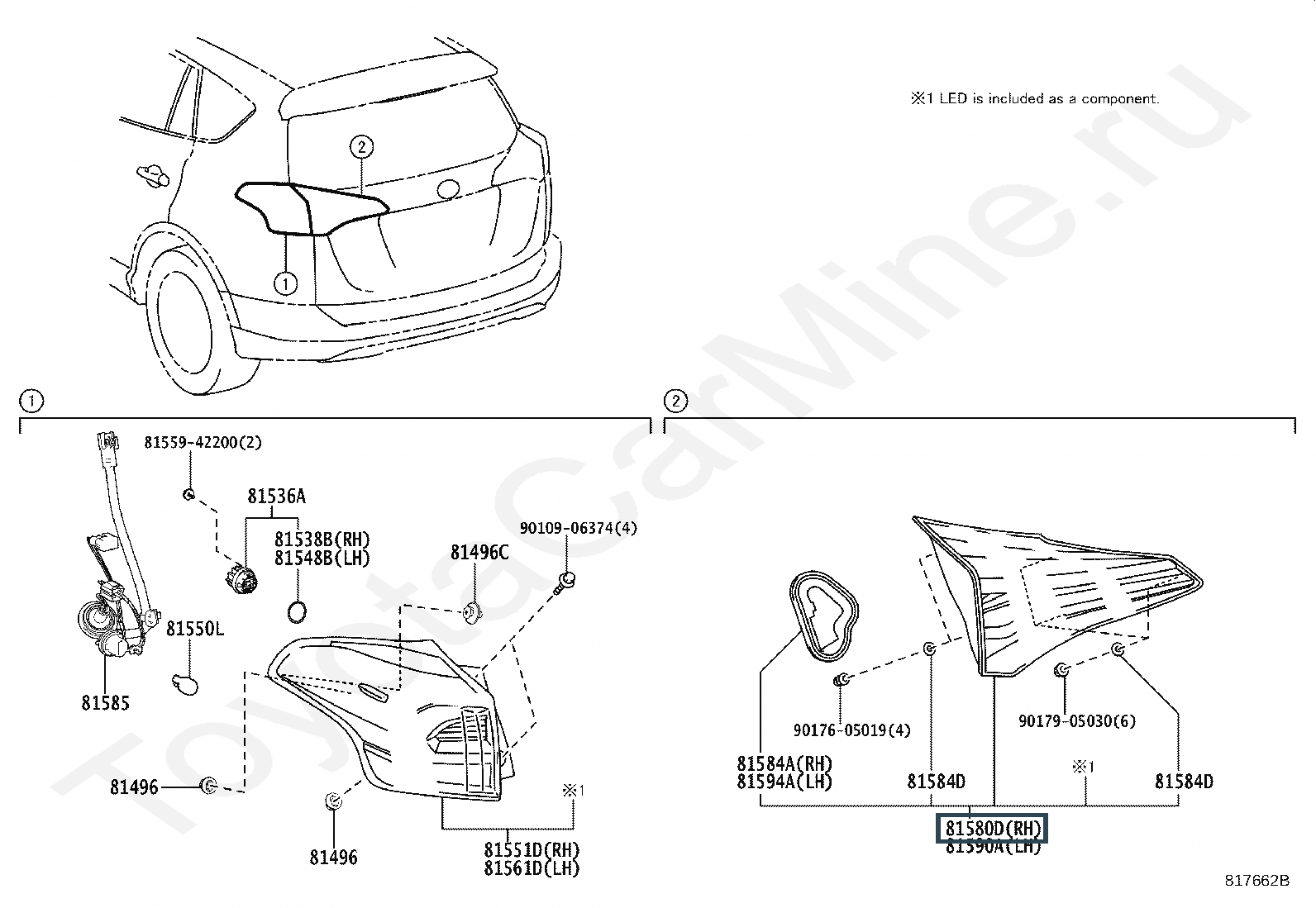 Фонарь задний правый, внутренний Лексус (артикул 8158042032)